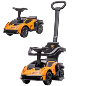 aosom 2-in-1 ride on push car for toddlers 1-3, licensed lamborghini stroller sliding car, push-along with under seat storage horn engine sound and steering wheel, manual, orange