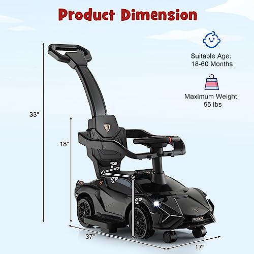 INFANS 3 in 1 Ride on Push Car, Licensed Lamborghini Baby Stroller Sliding Walking Car with Push Handle, Music, USB, Headlight, Under Seat Storage, Kids Foot-to-Floor Toy for 18-60 Months (Black)