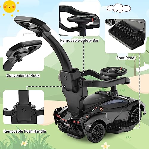 INFANS 3 in 1 Ride on Push Car, Licensed Lamborghini Baby Stroller Sliding Walking Car with Push Handle, Music, USB, Headlight, Under Seat Storage, Kids Foot-to-Floor Toy for 18-60 Months (Black)