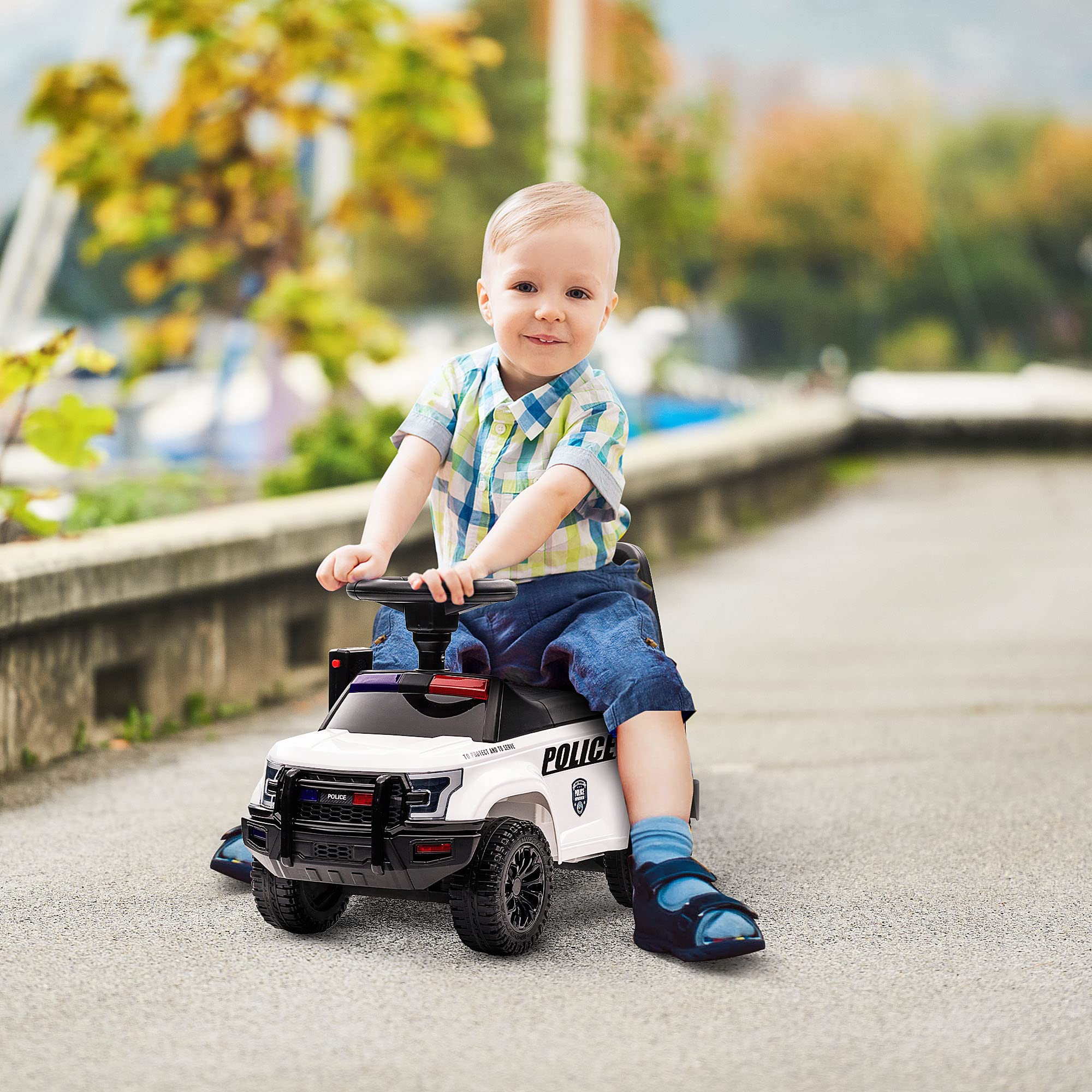 Aosom Kids Push Ride On Car with Working PA System and Horn, Police Truck Style Foot-to-Floor Sliding Car for Boys and Girls with Under-Seat Storage, for 18 Months to 5 Years Old, White