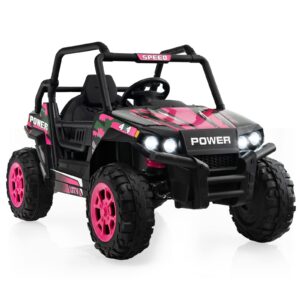 costzon ride on car, 12v kids utv with 2.4g remote control, music, led lights, radio, usb port, storage, slow start, battery powered off-road buggy for boys girls aged 3-8 years, ride on utv (pink)