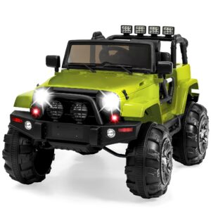 best choice products kids 12v ride on truck, battery powered toy car w/spring suspension, remote control, 3 speeds, led lights, bluetooth - green