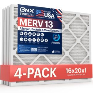 bnx trufilter 16x20x1 air filter merv 13 (4-pack) - made in usa - electrostatic pleated air conditioner hvac ac furnace filters for allergies, pollen, mold, bacteria, smoke, allergen, mpr 1900 fpr 10