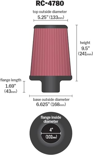 K&N Universal Clamp-On Air Intake Filter: High Performance, Premium, Washable, Replacement Filter: Flange Diameter: 4 In, Filter Height: 9.5 In, Flange Length: 1.6875 In, Shape: Round Tapered, RC-4780