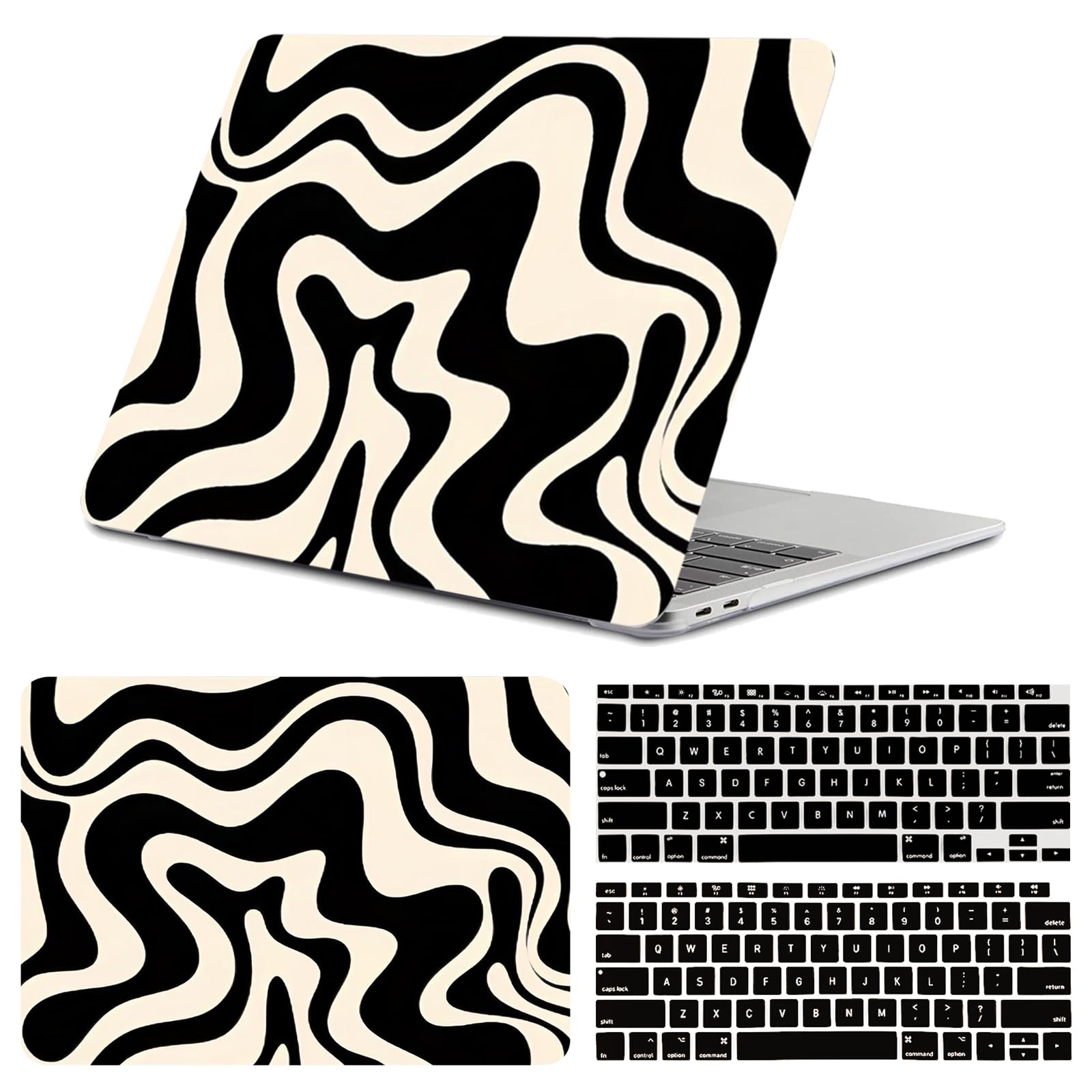 Miwasion Compatible with MacBook Air 13 inch Case,2020 2019 2018 Release(A2337 M1 A2179 A1932) with Touch ID and 2 Pack Keyboard Protectors,Laptop Hard Shell (Black Wave Wavy)