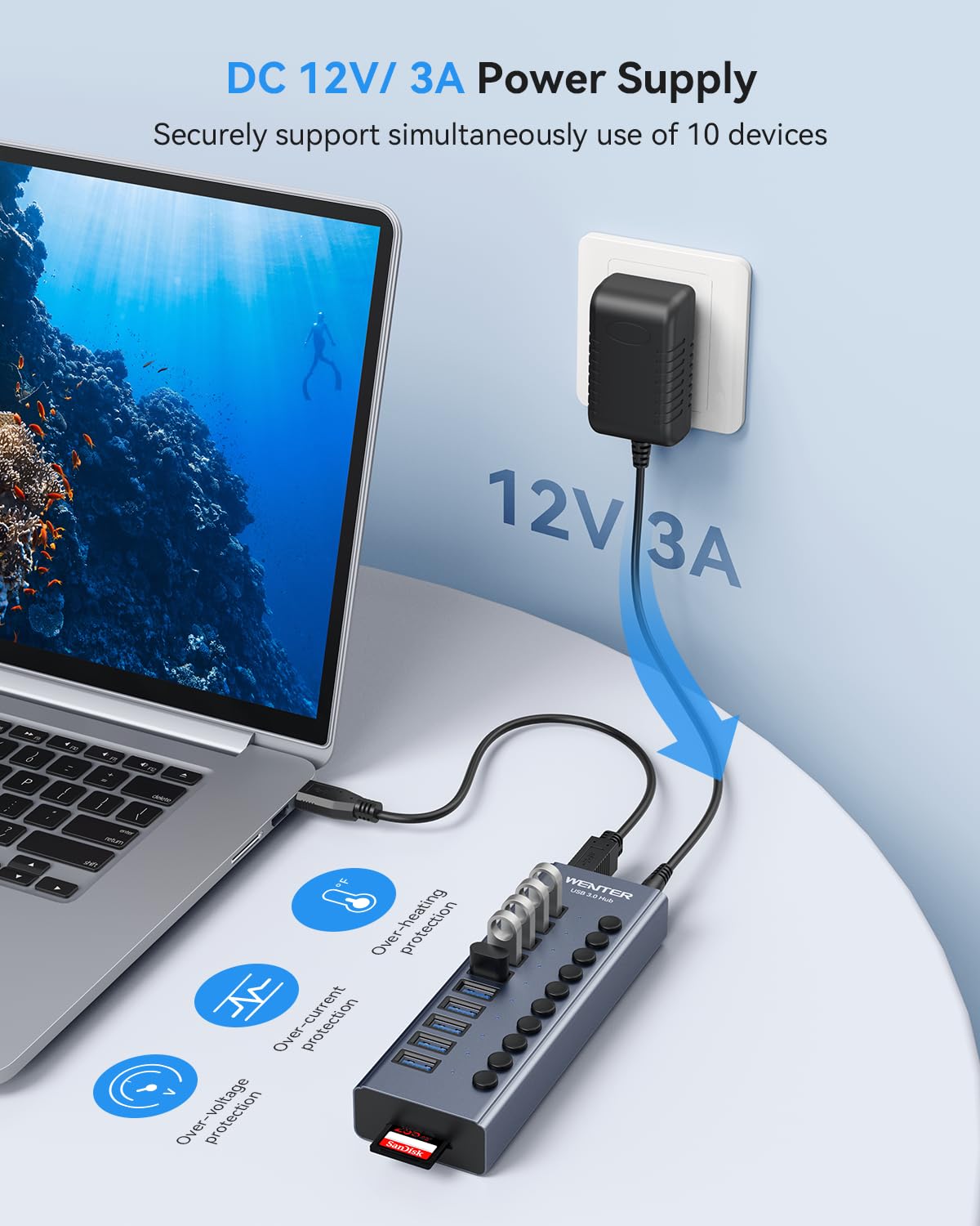 Powered USB 3.0 Hub, Wenter 10 Ports 36W Powered USB Hub, Aluminum USB Splitter with Individual On/Off Switches, SD/TF Card Readers and 12V/3A Power Adapter for PC/Laptops/MacBook Pro/Air/iMac/iPad