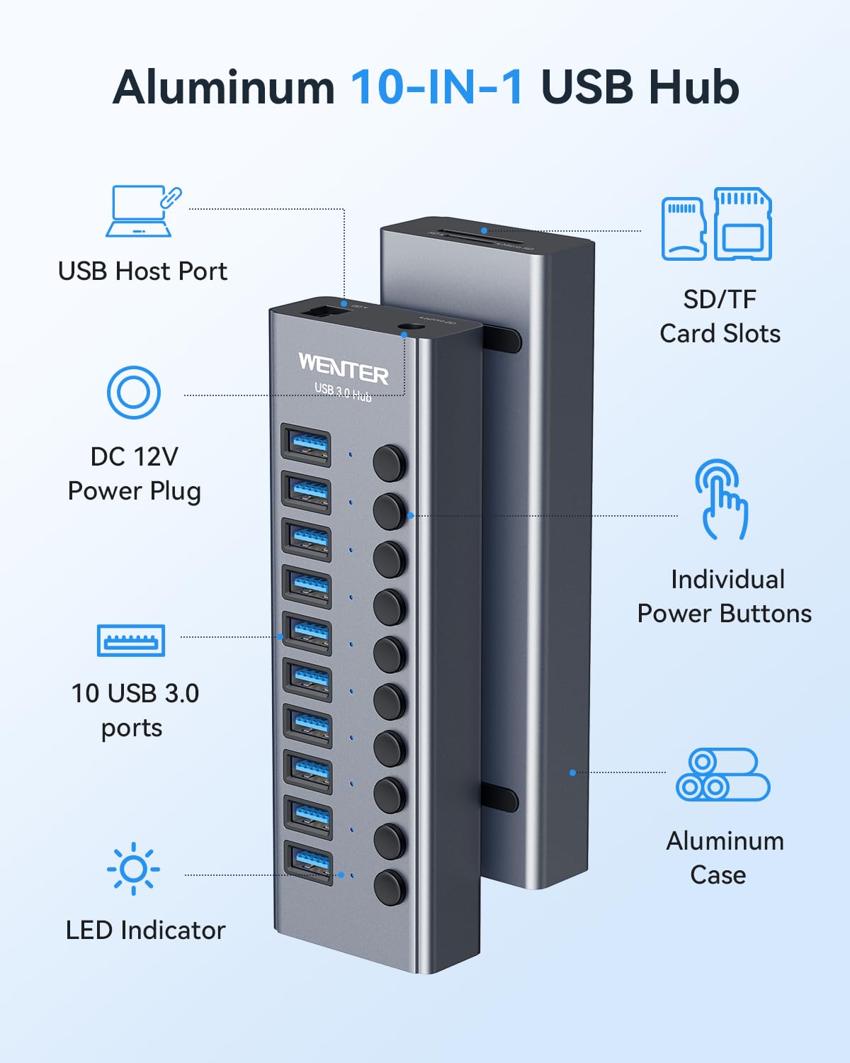 Powered USB 3.0 Hub, Wenter 10 Ports 36W Powered USB Hub, Aluminum USB Splitter with Individual On/Off Switches, SD/TF Card Readers and 12V/3A Power Adapter for PC/Laptops/MacBook Pro/Air/iMac/iPad