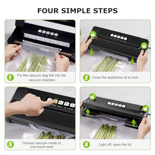 Bonsenkitchen Food Sealer Machine, Dry Vacuum Sealer Machine with 5-in-1 Easy Options for Sous Vide and Food Storage, Air Sealer Machine with 5 Vacuum Seal Bags & 1 Air Suction Hose, Black