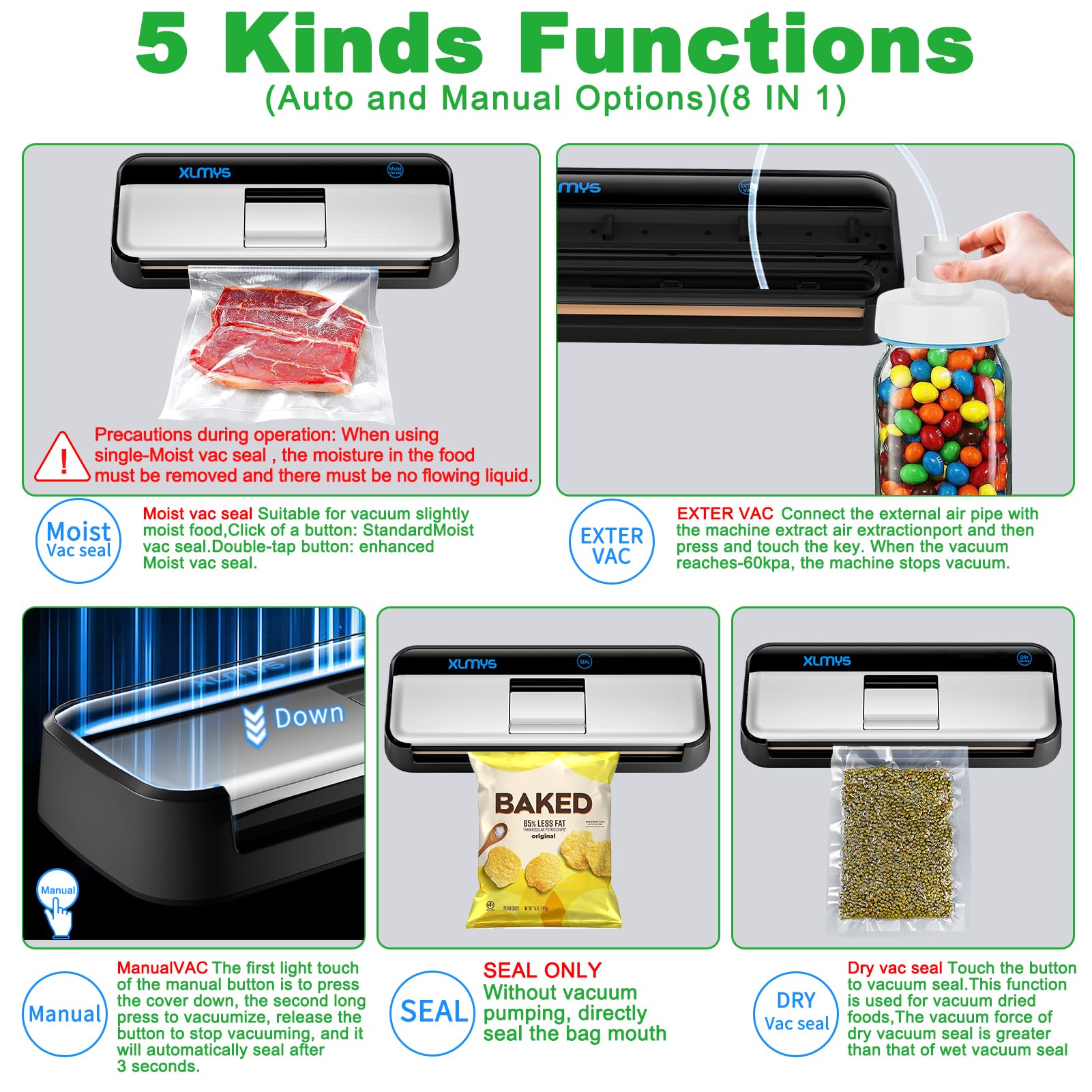 XLMYS Food Vacuum Sealer Machine (95KPA), Compact Automatic Food Vacuum Sealer with Vacuum Bags, LED Indicator Light, Dry & Moist Food Modes for Food Wine Preservation Storage