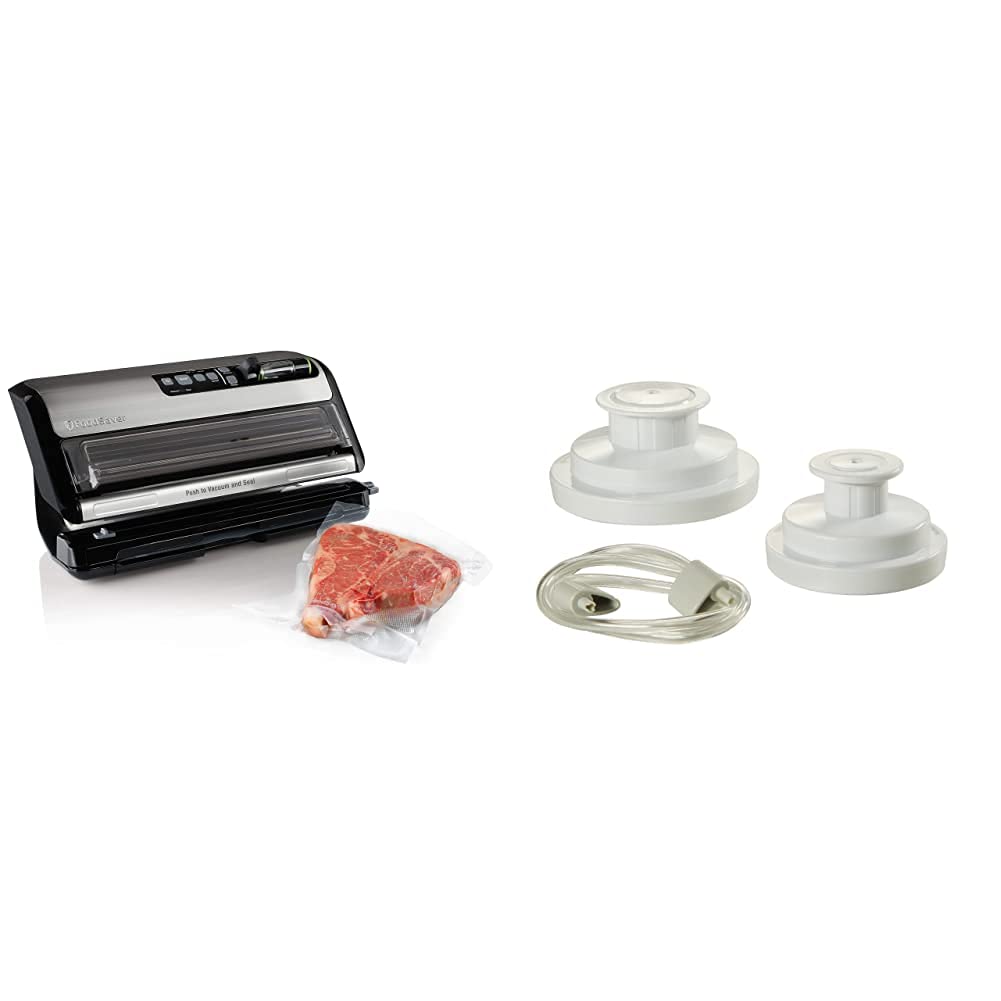 FoodSaver FM5200 2-in-1 Automatic Vacuum Sealer Machine | Silver, 9.3 x 17.6 x 9.6 inches & Regular Sealer and Accessory Hose Wide-Mouth Jar Kit, 9.00 x 6.00 x 4.90 Inches, White