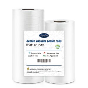 deefre vacuum sealer bags 2 rolls 8"x50' & 11"x50' commercial grade food saver bags for seal a meal, bpa free, heavy duty, great for vac storage, meal prep or sous vide