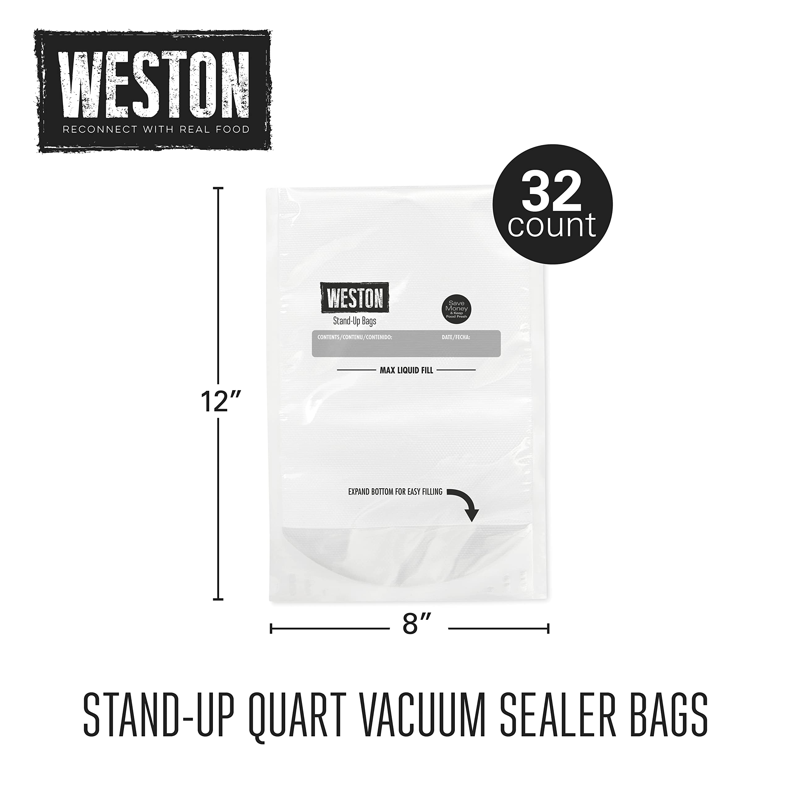 Weston Vacuum Sealer Bags, 8" x 12" (Quart), 32 count Stand-Up for Food and Liquid, 2 Ply 3mm thick, for NutriFresh, FoodSaver & Other Heat-Seal Systems, for Meal Prep and Sous Vide, BPA Free