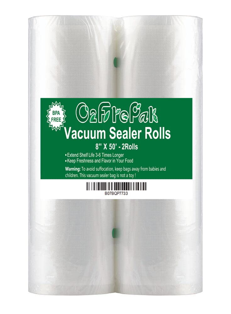 O2frepak 2Pack (Total 100Feet) 8x50 Rolls Vacuum Sealer Bags Rolls with BPA Free,Heavy Duty Vacuum Food Sealer Storage Bags Rolls,Cut to Size Roll,Great for Sous Vide