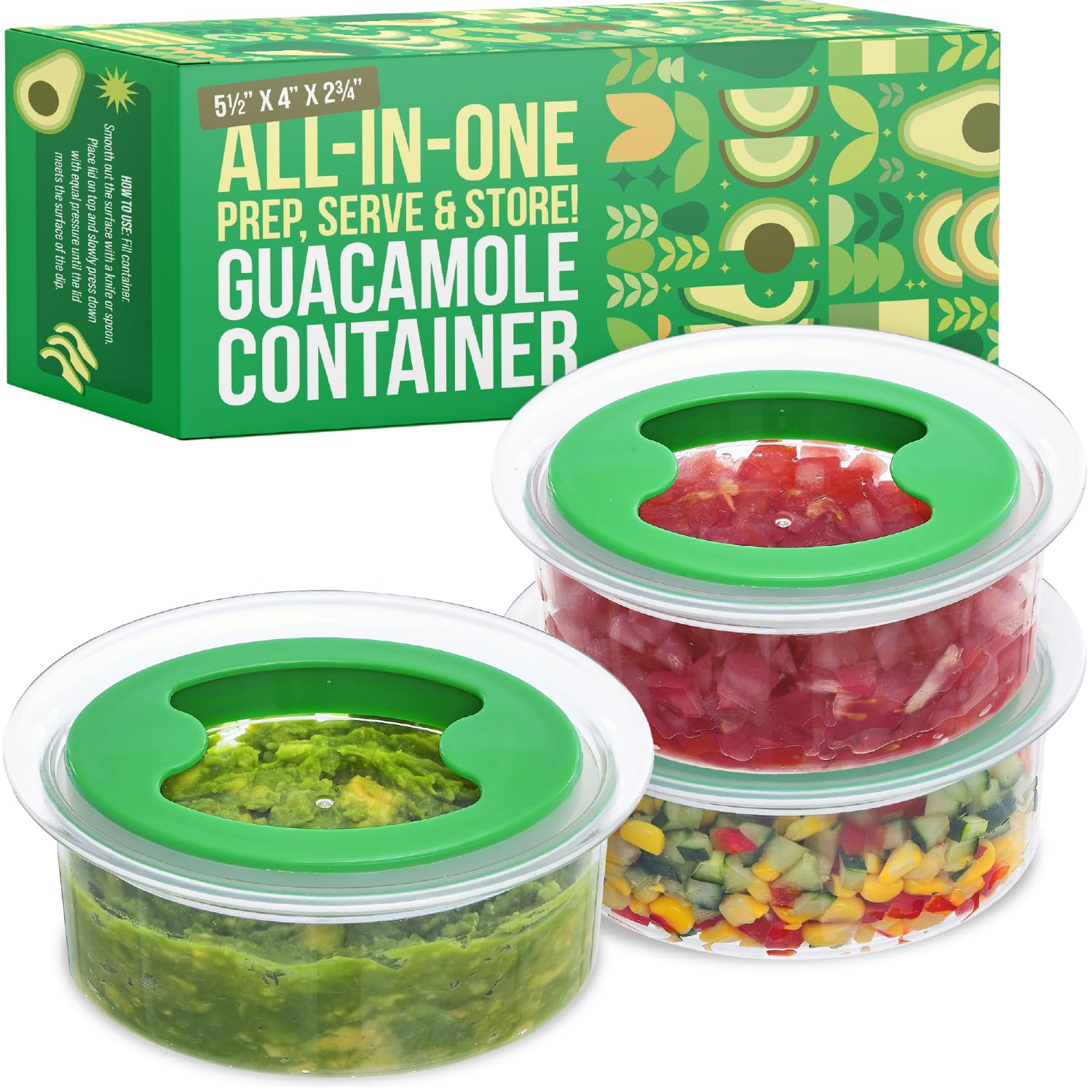 IMPRESA [3 Pack Guacamole Keeper with Airtight Lid - Guacamole Saver Container with Lid - Fresh Food Saver - Food Containers with Lids - Kitchen Storage Dip Container - Food Container - 1.5 Cups