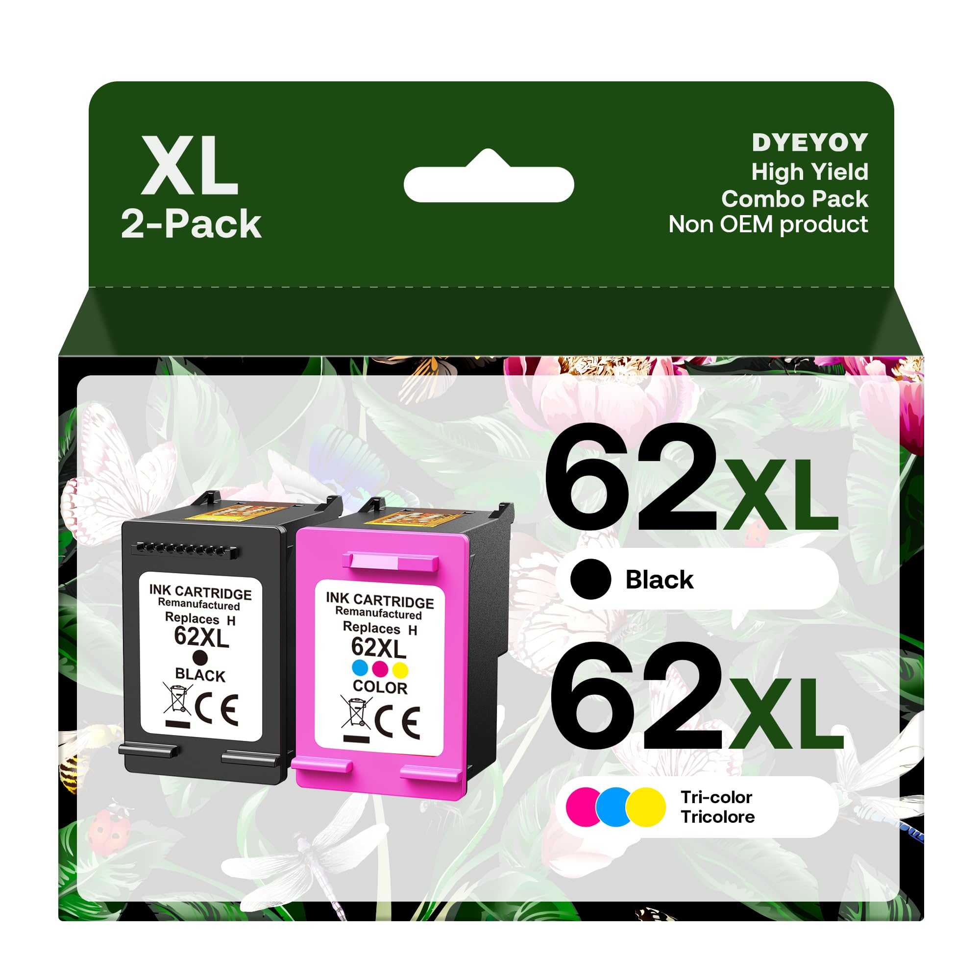 62XL Ink Cartridge Combo Pack Black & Color Replacement for HP 62 XL, 62XL Remanufactured Ink Work with Envy 5540 Series