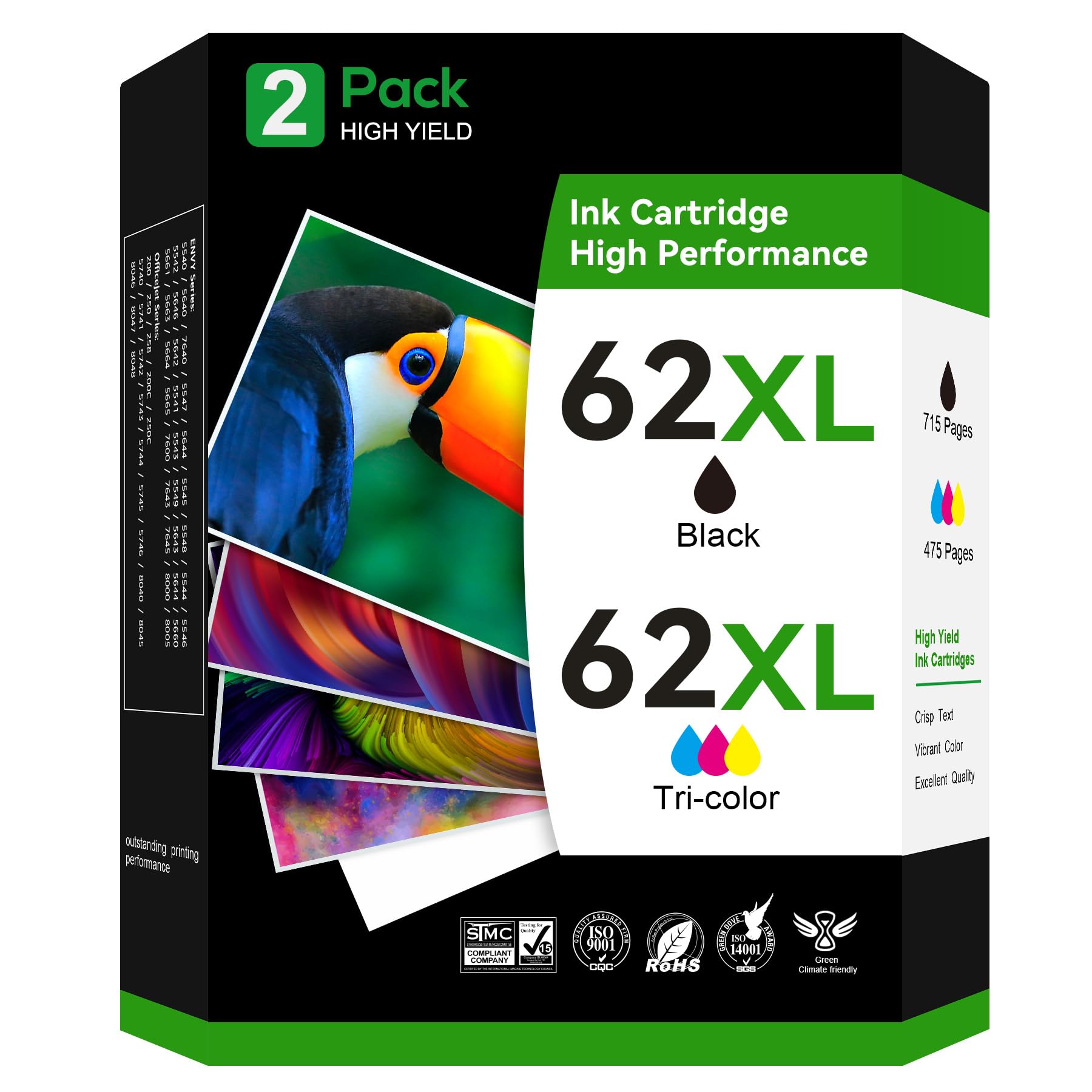 Palmtree Remanufactured 62XL Ink Cartridges Black and Color Replacement for HP 62XL Ink Cartridge Combo Pack for HP Ink 62 XL Work with HP Envy 7640 5660 7645 5540 OfficeJet 5740 8040 200 250 (2 Pack)