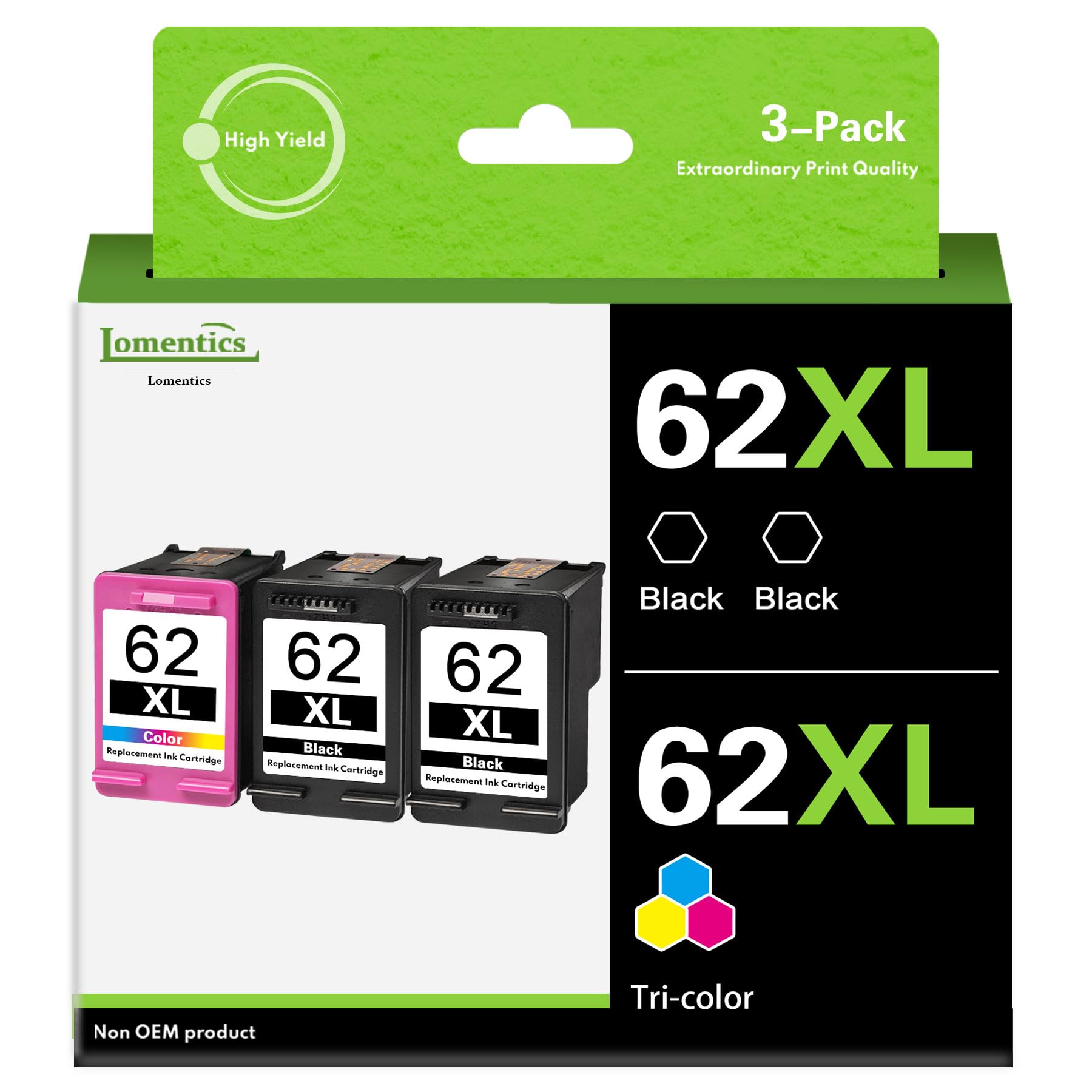 62XL Ink Cartridge Combo Pack (3 Pack,2Black/1Tricolor) -LOMENTI Compatible Ink Cartridges Replacement for HP 62XL Ink Cartridge for OfficeJet 250 5740 8040 ENVY 7640 5540 5642 5660 Printer