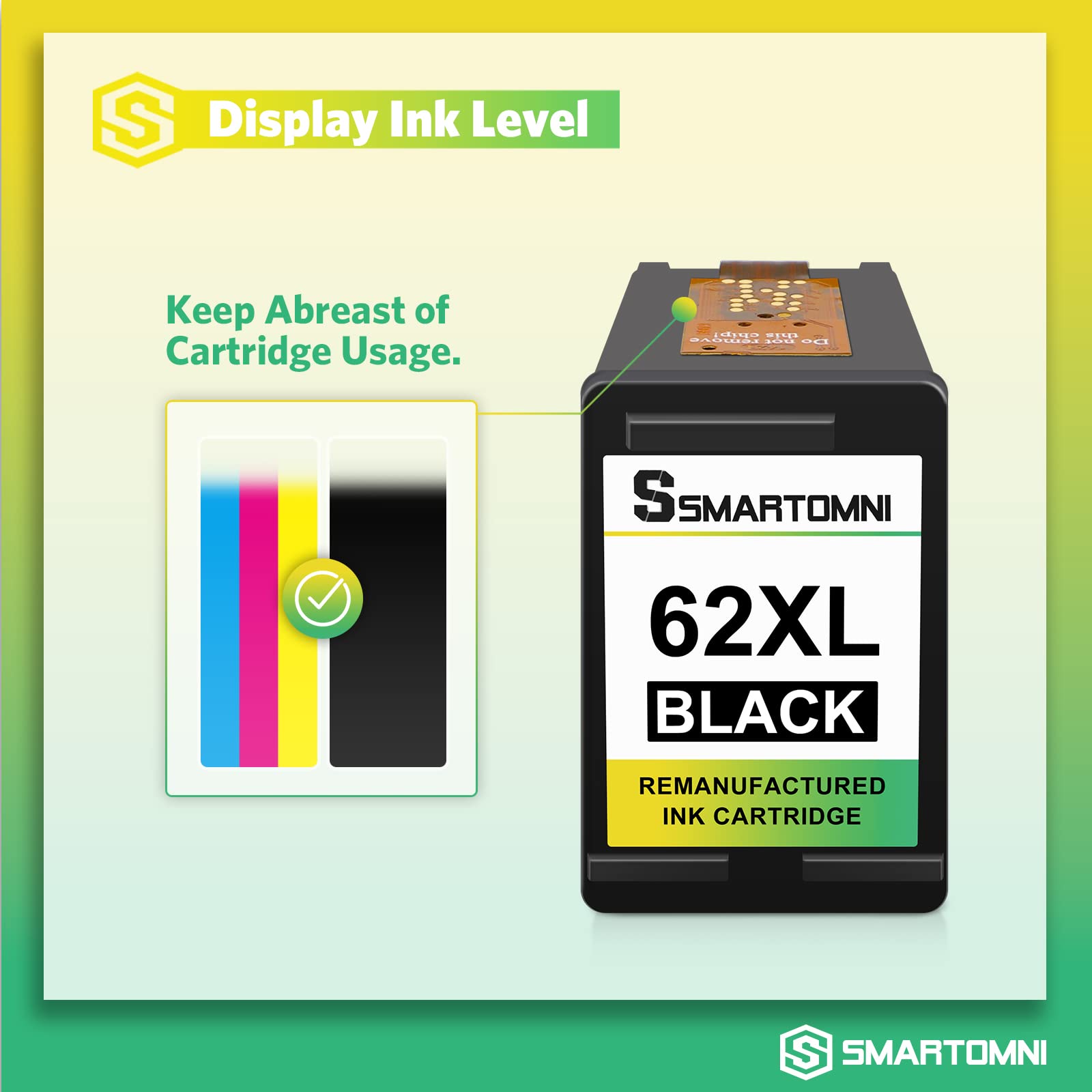 S SMARTOMNI 62XL Ink Cartridges Black and Color Replacement for HP Ink 62 62XL Cartridge Combo Pack High Yield for HP OfficeJet 200 250 Envy 5540 5660 5665 5740 7640 7645 (2 Pack, Black&Tricolor)