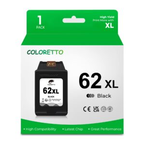 coloretto 62xl ink cartridge for hp envy 7645 7640 5540 5642 5643 5640 5660 officejet 5740 5746 5745 200 250 258 printers as replacement of hp 62 xl 62xl hp62xl hp62 high yield ink (1 black)