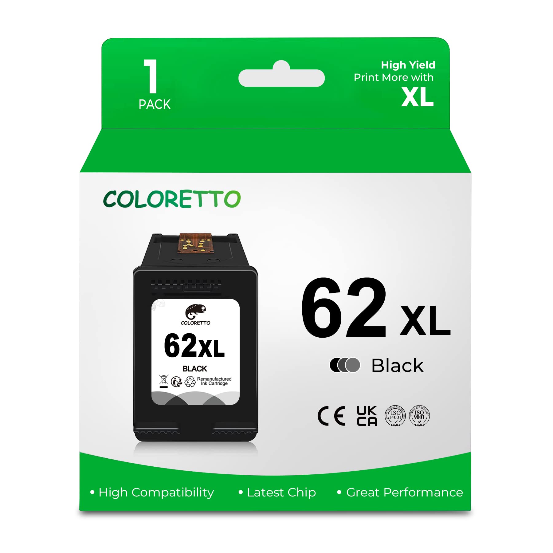 COLORETTO 62XL Ink Cartridge for HP Envy 7645 7640 5540 5642 5643 5640 5660 Officejet 5740 5746 5745 200 250 258 Printers as Replacement of HP 62 XL 62xl hp62xl hp62 High Yield Ink (1 Black)