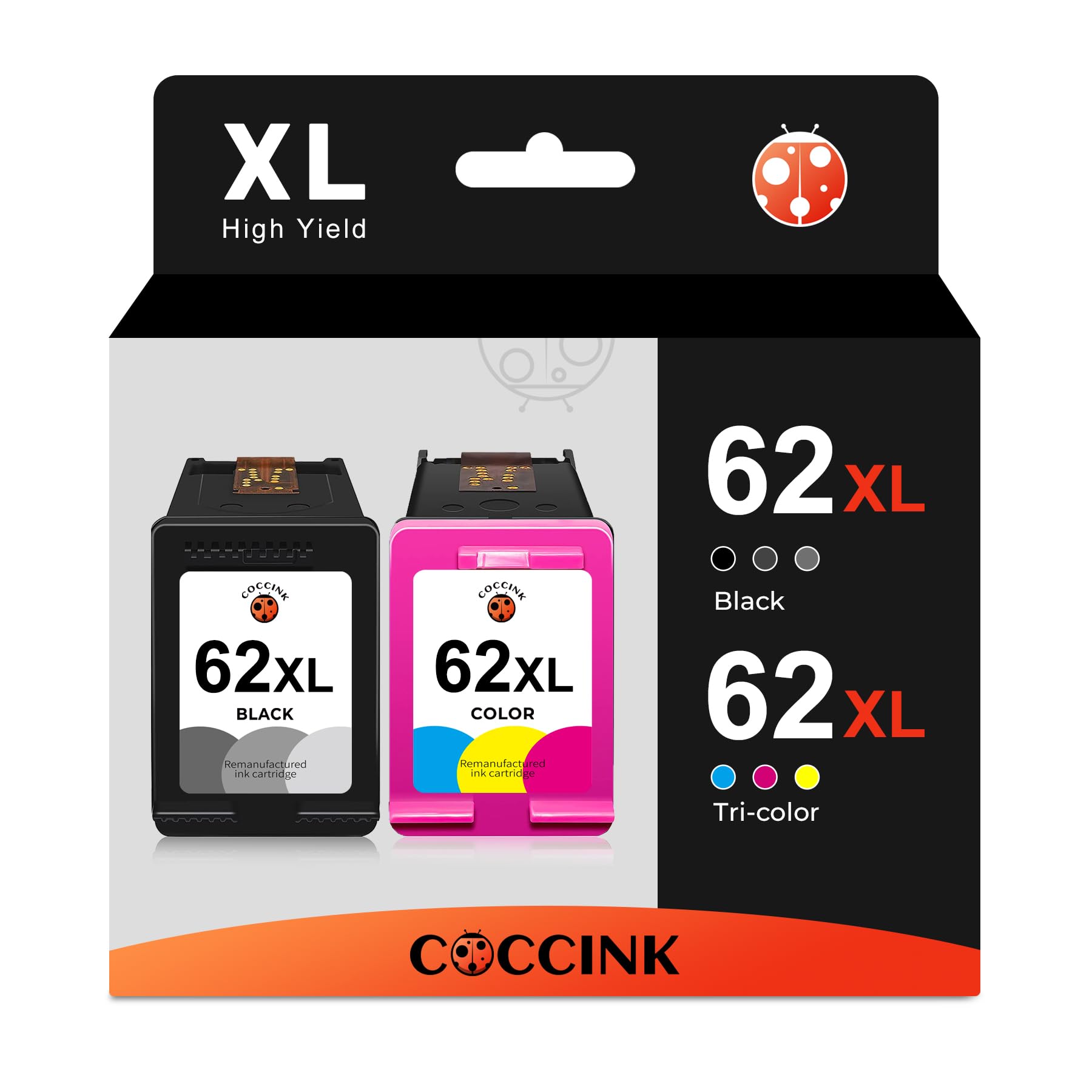 COCCINK 62XL Ink Cartridge Replacement for HP Envy 5660 7645 7640 5642 5643 5640 OfficeJet 250 5740 200 5746 5745 200 250 Mobile Printer for HP 62 XL HP62 HP62XL Combo Pack (1 Black, 1 Tri-Color)