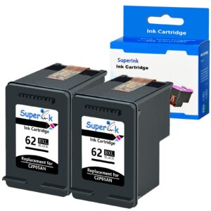 superink remanufactured ink cartridge replacement for hp 62xl 62 xl compatible with envy 7640 5660 5540 7645 5640 5642 officejet 5741 5740 8040 officejet 250 200 mobile printer (black, 2 pack)