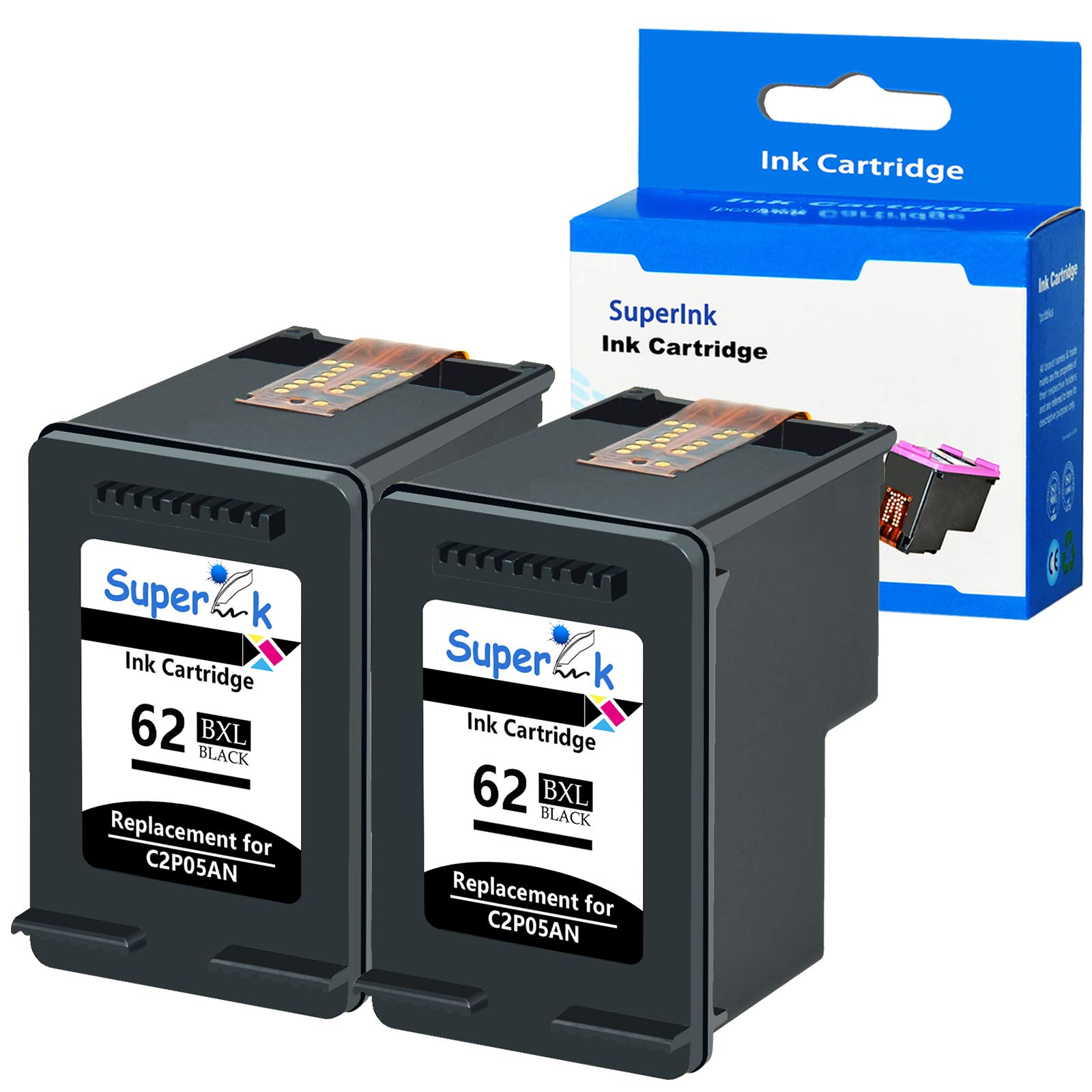 SuperInk Remanufactured Ink Cartridge Replacement for HP 62XL 62 XL Compatible with Envy 7640 5660 5540 7645 5640 5642 Officejet 5741 5740 8040 OfficeJet 250 200 Mobile Printer (Black, 2 Pack)