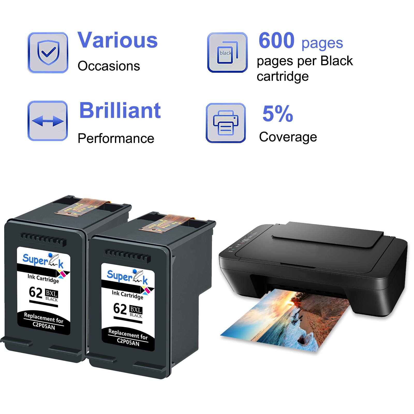 SuperInk Remanufactured Ink Cartridge Replacement for HP 62XL 62 XL Compatible with Envy 7640 5660 5540 7645 5640 5642 Officejet 5741 5740 8040 OfficeJet 250 200 Mobile Printer (Black, 2 Pack)