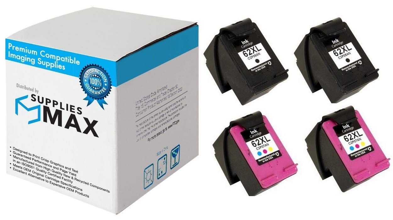 SuppliesMAX Remanufactured Replacement for HP Envy 5540/5545/5640/5660/5665/7640/7645/8000/8005 High Yield Inkjet Combo Pack (2-Black/2-Color) (NO. 62XL) (F6U02BN_2PK)