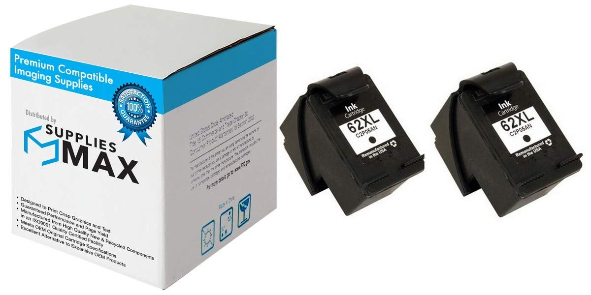 SuppliesMAX Remanufactured Replacement for HP Envy 5540/5545/5640/5660/5665/7640/7645/8000/8005 Black High Yield Inkjet (2/PK-600 Page Yield) (NO. 62XL) (C2P05AN_2PK)