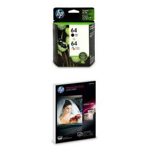 hp 64 black & tri-color inks premium photo paper, satin, 25 sheets, 4x6