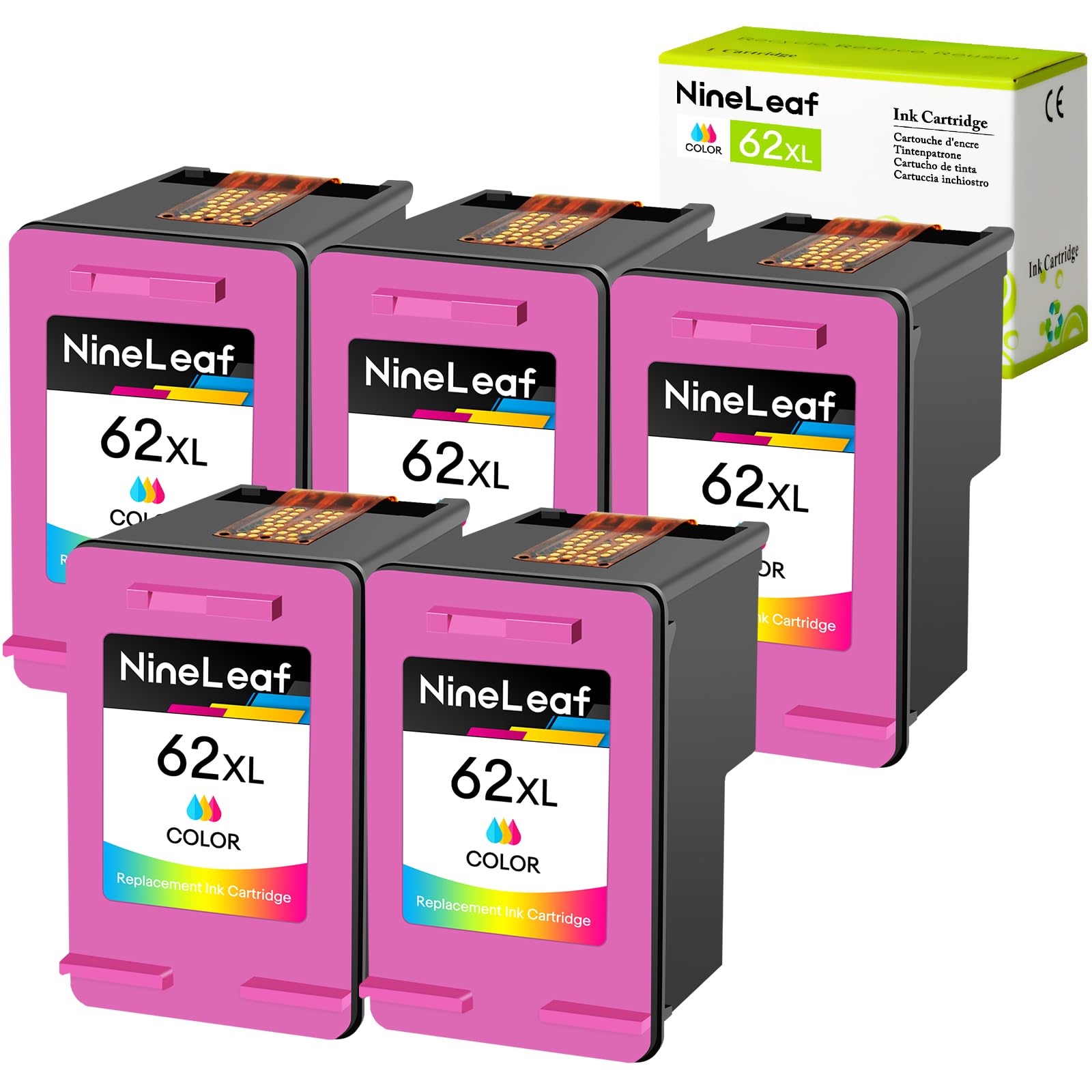 NineLeaf Remanufactured Ink Cartridge Replacement for HP 62XL 62 XL use in Envy 5540 5640 5660 7644 7645 OfficeJet 5740 8040 OfficeJet 200 250 Series Inkjet Printer（5 Pack Tri-Color