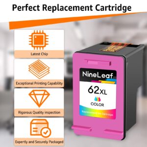 NineLeaf Remanufactured Ink Cartridge Replacement for HP 62XL 62 XL use in Envy 5540 5640 5660 7644 7645 OfficeJet 5740 8040 OfficeJet 200 250 Series Inkjet Printer（5 Pack Tri-Color