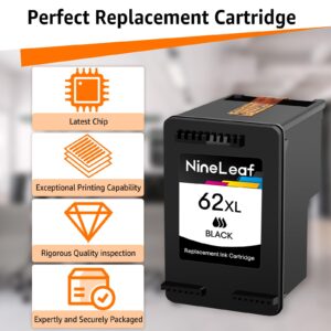 NineLeaf Remanufactured Ink Cartridge Replacement for HP 62XL 62 XL use in Envy 5540 5640 5660 7644 7645 OfficeJet 5740 8040 OfficeJet 200 250 Series Inkjet Printer（10 Pack Black