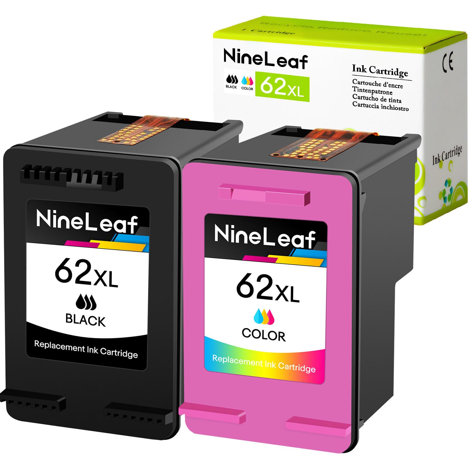 NineLeaf 2 Pack Remanufactured Ink Cartridge Replacement for HP 62XL 62 XL use in Envy 5540 5640 5660 7644 7645 OfficeJet 5740 8040 OfficeJet 200 250 Series Inkjet Printer（1 Black 1 Tri-Color