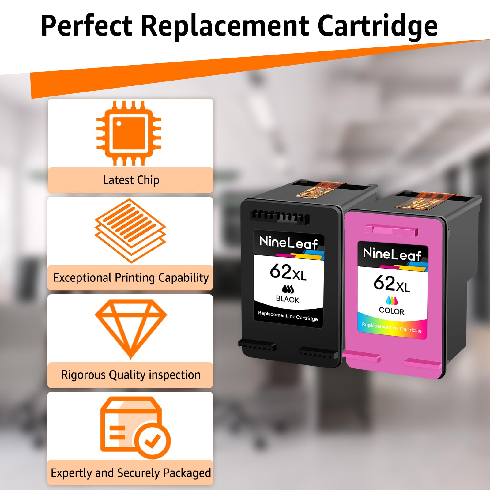 NineLeaf 2 Pack Remanufactured Ink Cartridge Replacement for HP 62XL 62 XL use in Envy 5540 5640 5660 7644 7645 OfficeJet 5740 8040 OfficeJet 200 250 Series Inkjet Printer（1 Black 1 Tri-Color