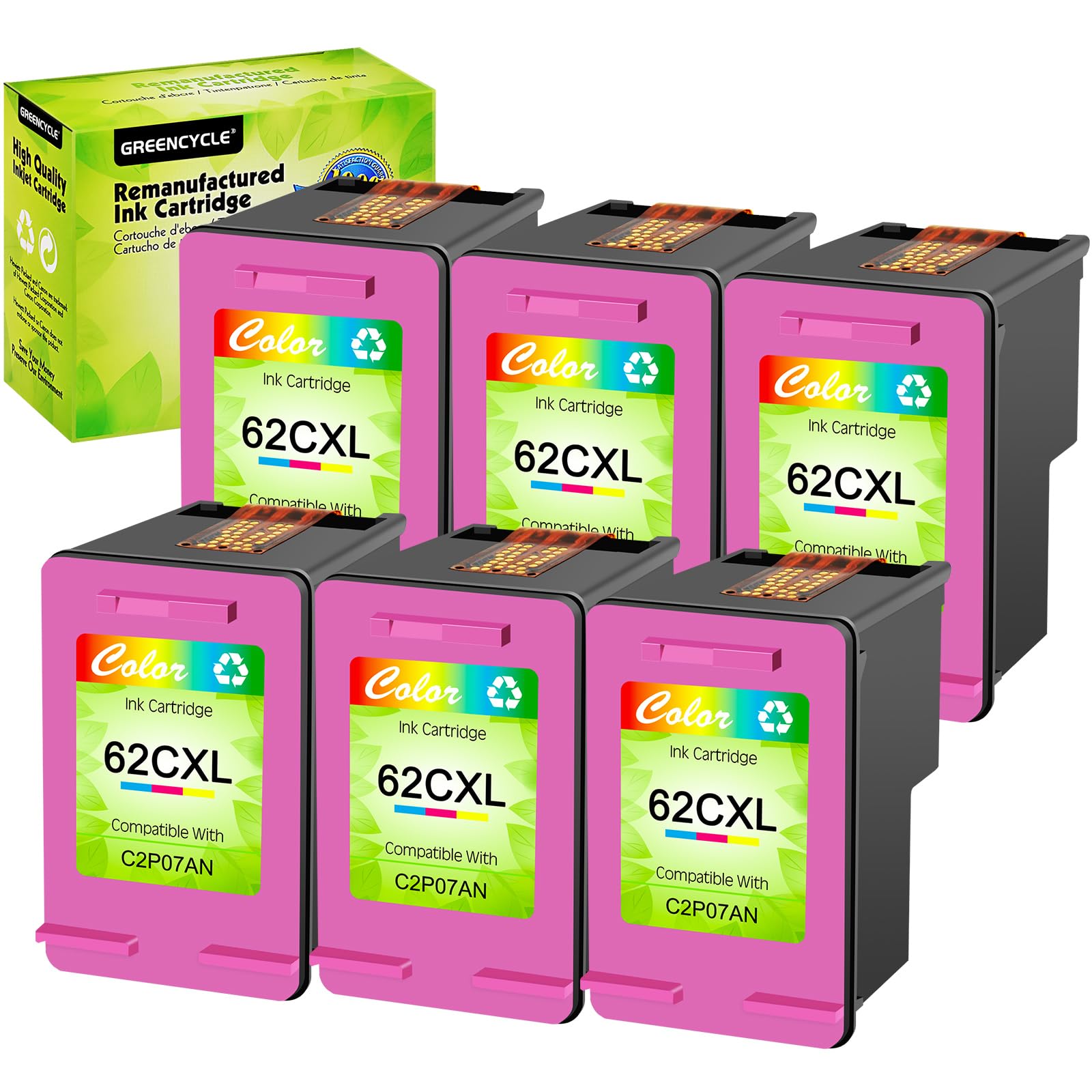 greencycle Remanufactured Ink Cartridge Replacement for HP 62XL 62 XL C2P07AN Compatible for Envy 5540 5640 5660 7644 7645 OfficeJet 5740 8040 OfficeJet 200 250 Series Printer (Tri-Color, 6 Pack)