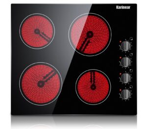 karinear 4 burner electric cooktop 24 inch, built-in electric stove top, 220-240v electric radiant cooktop with knob control, residual heat indicator, over-temperature protection, hard wire(no plug)