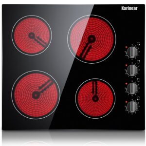 Karinear 4 Burner Electric Cooktop 24 Inch, Built-in Electric Stove Top, 220-240v Electric Radiant Cooktop with Knob Control, Residual Heat Indicator, Over-Temperature Protection, Hard Wire(No Plug)