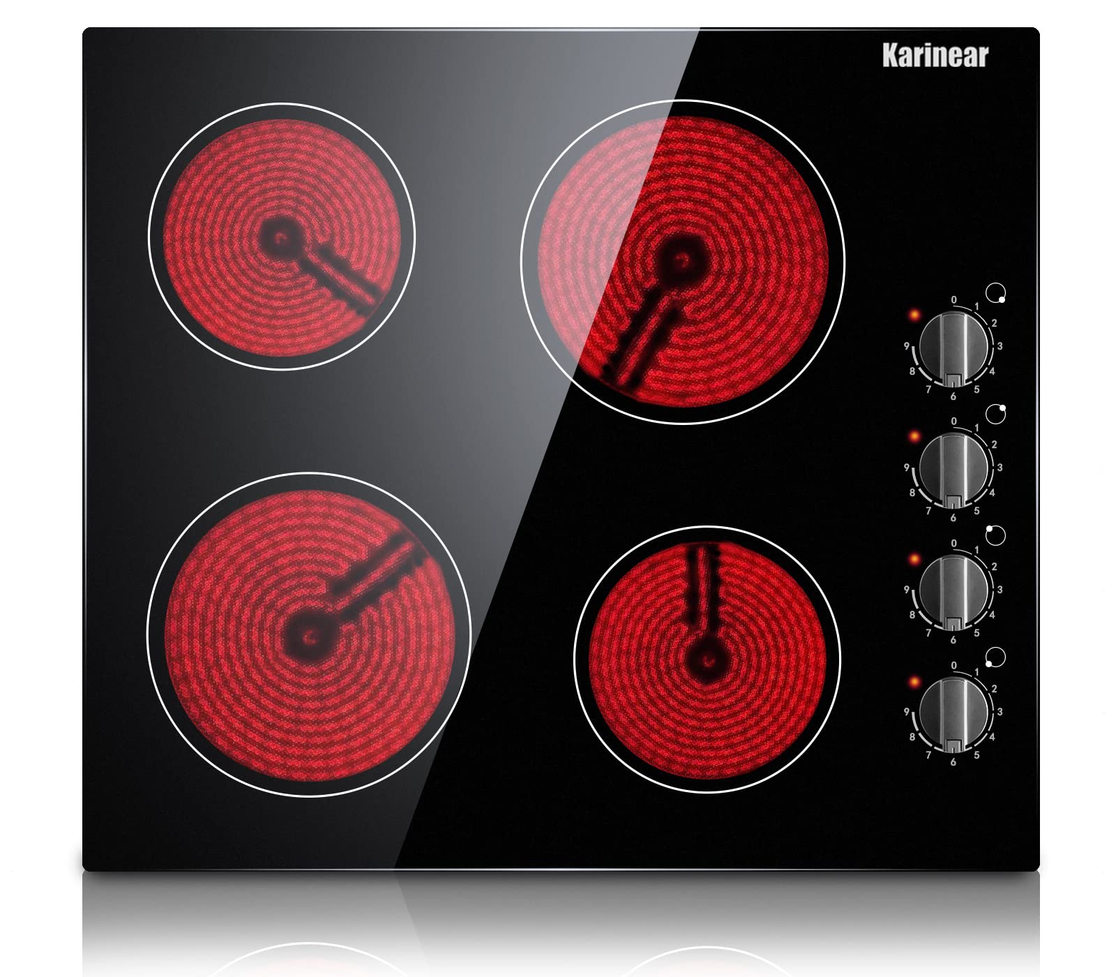 Karinear 4 Burner Electric Cooktop 24 Inch, Built-in Electric Stove Top, 220-240v Electric Radiant Cooktop with Knob Control, Residual Heat Indicator, Over-Temperature Protection, Hard Wire(No Plug)