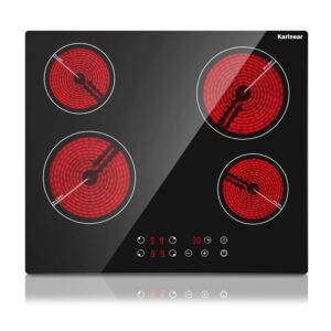 karinear drop-in 4 burner electric cooktop 24 inch electric radiant cooktop, electric stove top with residual heat indicator, child safety lock, timer, 220-240v, 6000w, hard wire(no plug)