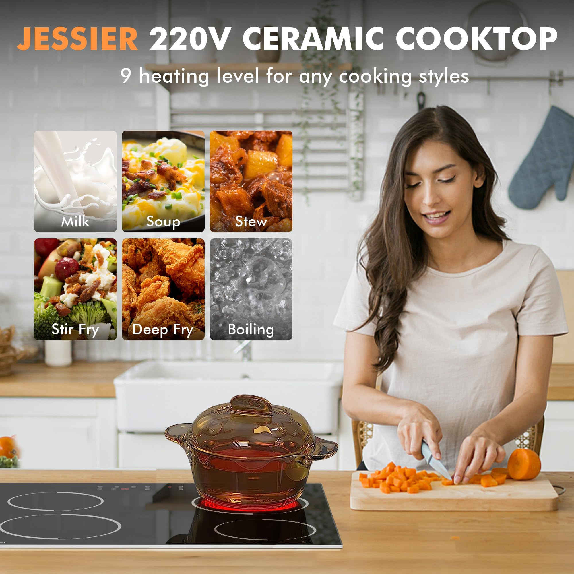 Jessier Electric Cooktop 24 Inch - 4 Burner Drop-in Electric Ceramic Cooktop, Electric Stove Top with Glass Protection Metal Frame, 9 Heating Level, 6000W, 220-240V for Hard Wire(No Plug)