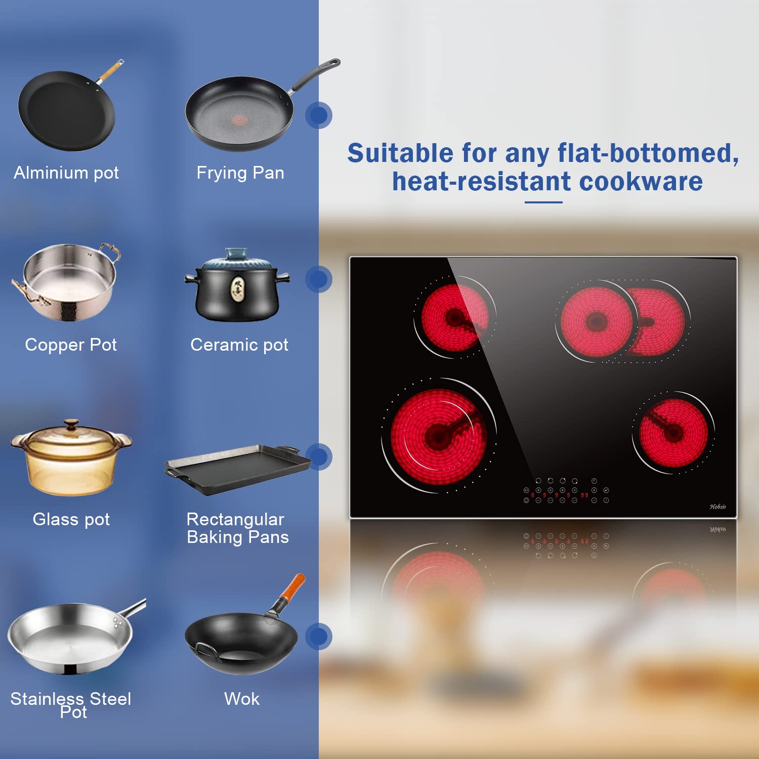 30 Inch Electric Cooktop, 4 Burners Radiant Electric Stove, Built-in Electric Stove Top, With Dual Oval Zone, Safety Lock, Glass Protection Metal Frame, 220V-240V Hard Wire (No Plug) Hobsir