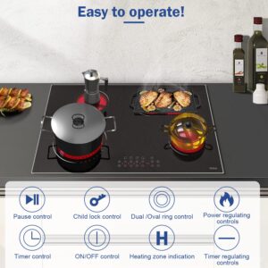 30 Inch Electric Cooktop, 4 Burners Radiant Electric Stove, Built-in Electric Stove Top, With Dual Oval Zone, Safety Lock, Glass Protection Metal Frame, 220V-240V Hard Wire (No Plug) Hobsir