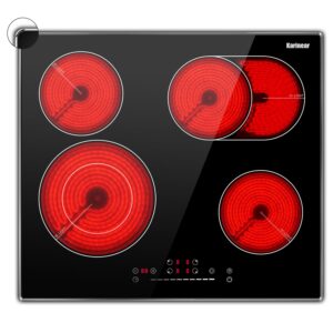 karinear 4 burners electric cooktop 24 inch, 220-240v built-in electric ceramic cooktop with glass protection metal frame, expandable burners, slider-touch control, multi-function elecric stovetop