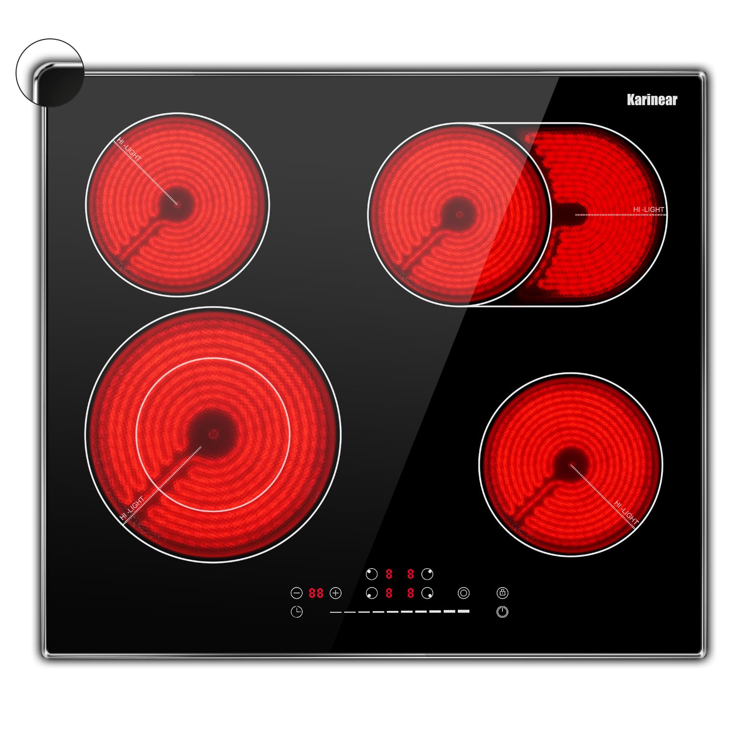 Karinear 4 Burners Electric Cooktop 24 Inch, 220-240v Built-in Electric Ceramic Cooktop with Glass Protection Metal Frame, Expandable Burners, Slider-Touch Control, Multi-function Elecric Stovetop