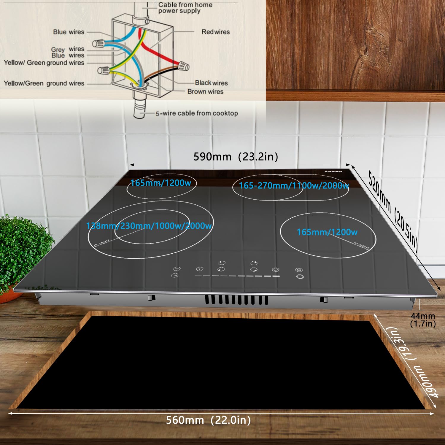 Karinear 4 Burners Electric Cooktop 24 Inch, 220-240v Built-in Electric Ceramic Cooktop with Glass Protection Metal Frame, Expandable Burners, Slider-Touch Control, Multi-function Elecric Stovetop