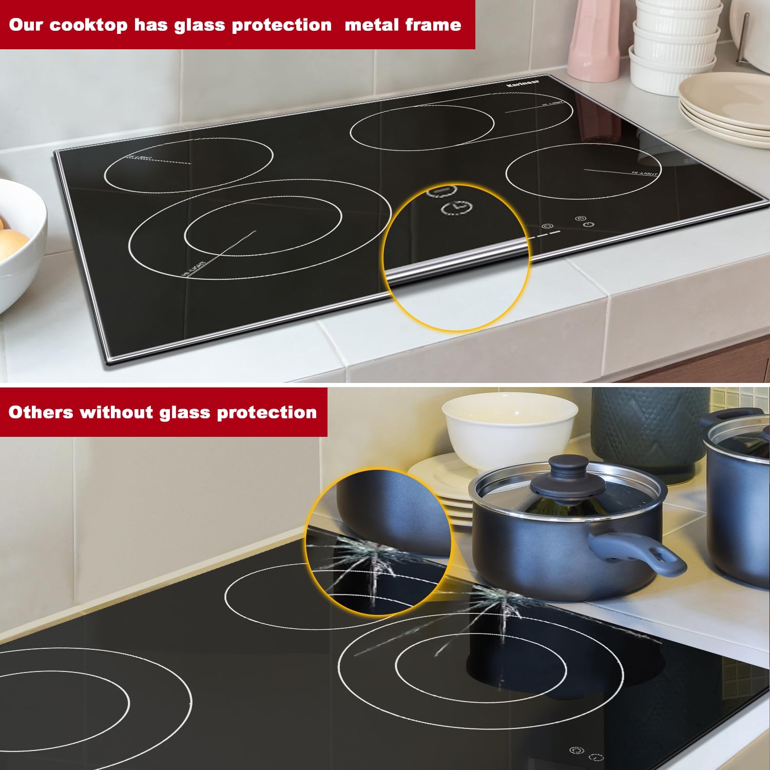 Karinear 4 Burners Electric Cooktop 24 Inch, 220-240v Built-in Electric Ceramic Cooktop with Glass Protection Metal Frame, Expandable Burners, Slider-Touch Control, Multi-function Elecric Stovetop