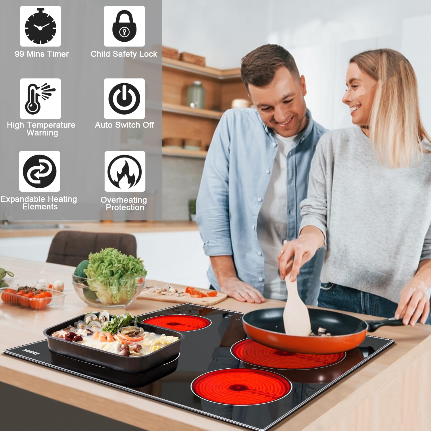 Karinear 4 Burners Electric Cooktop 24 Inch, 220-240v Built-in Electric Ceramic Cooktop with Glass Protection Metal Frame, Expandable Burners, Slider-Touch Control, Multi-function Elecric Stovetop