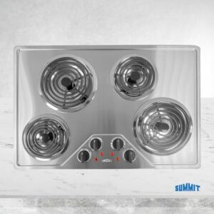 Summit CR430SS 30-inch Wide 230V 4-Burner Coil Electric Cooktop, Stainless-Steel Surface, Easy to Clean, Four Coil Burners Total 6000 Watts, Push-to-turn Solid Knobs, with Indicator Lights